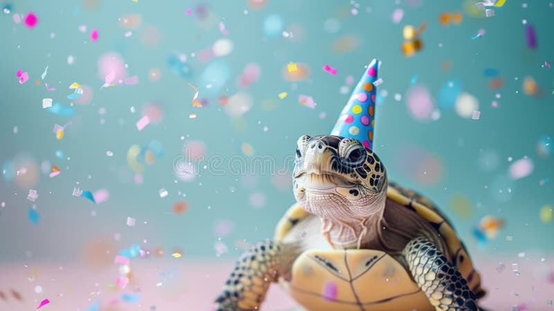 A Turtle Wearing a Party Hat and Surrounded by Confetti Stock Illustration - Illustration of ...