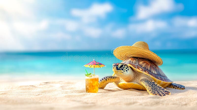 Turtle Wearing a Straw Hat Relaxing on the Beach Stock Image - Image of ...
