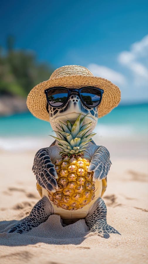 Turtle Wearing Straw Hat and Sunglasses Relaxing on the Beach with ...