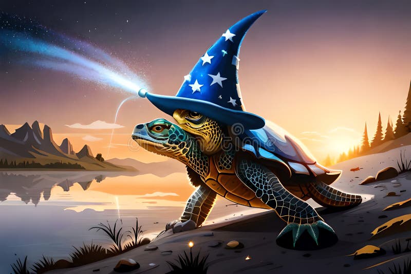 Turtle Wearing a Wizard Hat and Casting a Spell with Its Wand ...