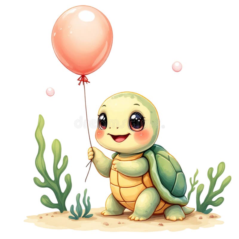 Turtle with Wide Eyes Holds a Red Balloon, Surrounded by Underwater ...