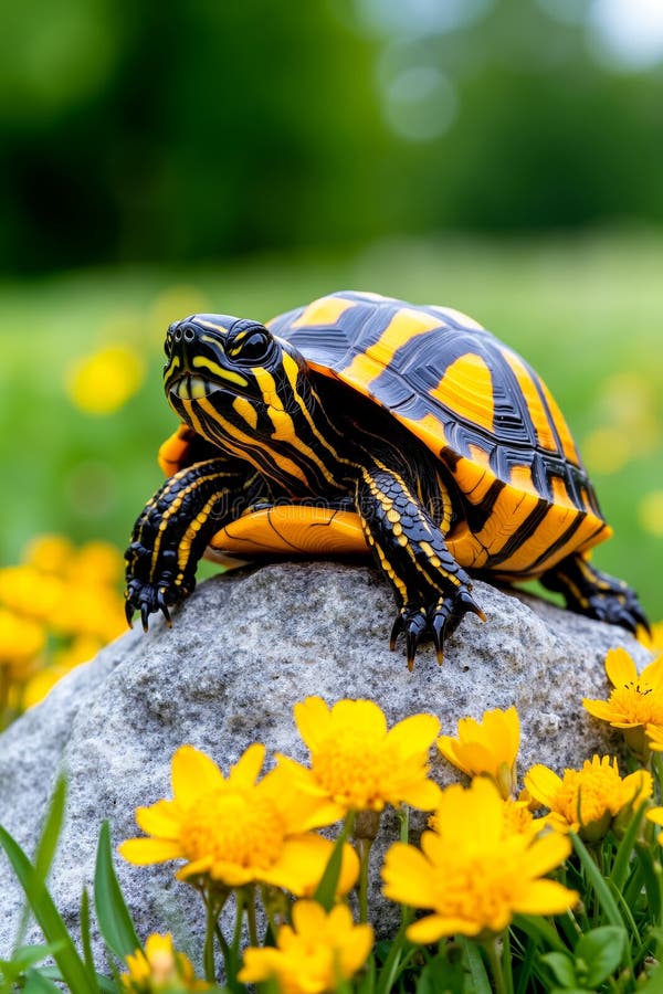 A Turtle Sitting on Top of a Rock Surrounded by Yellow Flowers Stock ...
