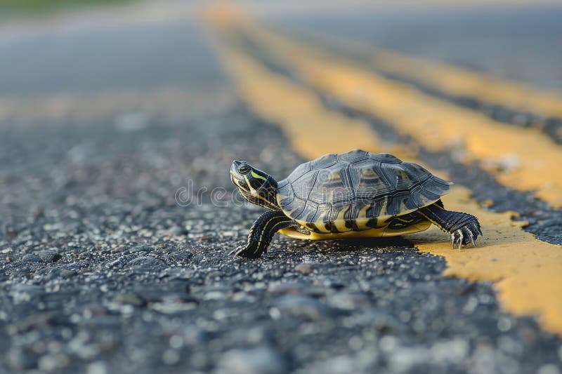 Turtle on Yellow Road Marking Looking Forward. Stock Photo - Image of ...