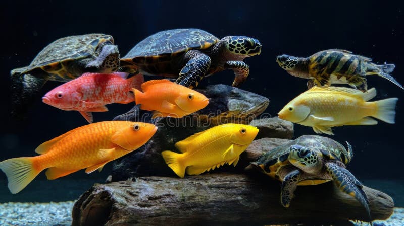 Turtles and Fish Swim Together in Harmony with Aquatic Life Concept ...