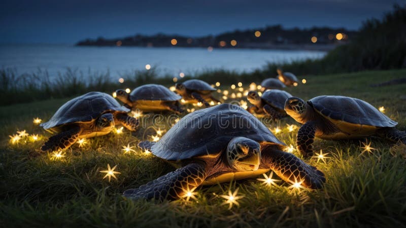 Magical Sea Turtles Illuminated by Fairy Lights on a Night Shore Stock ...