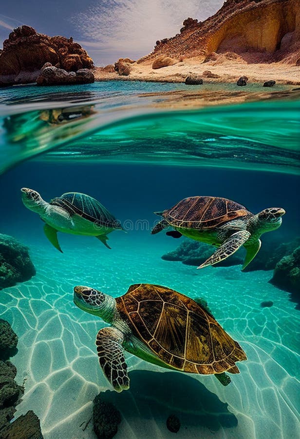 Turtles Swim on Ocean. AI Generated Stock Illustration - Illustration ...