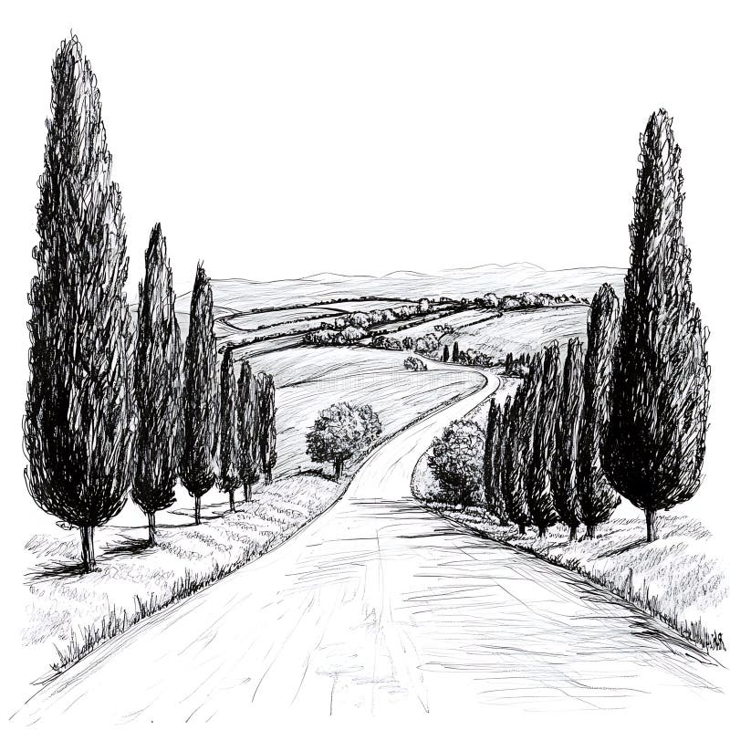 Tuscan Countryside Road Sketch Stock Illustration - Illustration of trees, cypress: 373997895