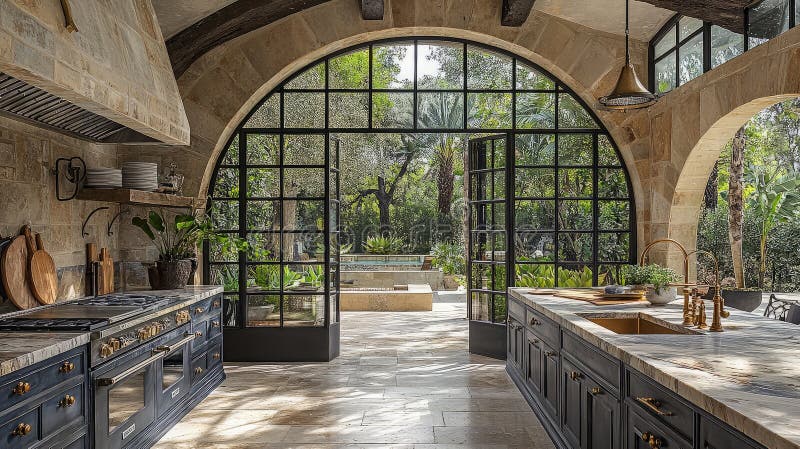 Tuscan Kitchen Opens To Garden Oasis Stock Image - Image of outdoor ...