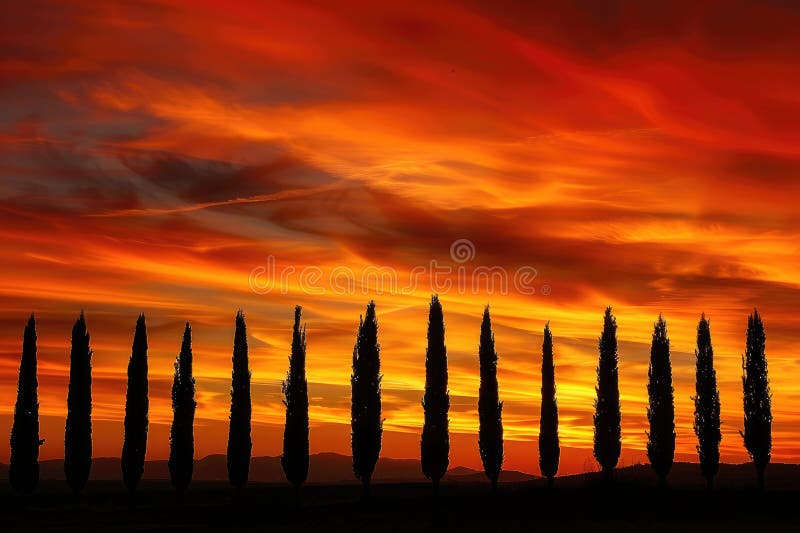 Tuscan Sunset with Cypress Tree Silhouettes Near Florence Stock ...