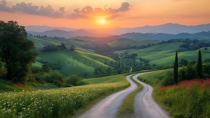 Tuscan Sunset Road Winding through Hills Stock Illustration ...