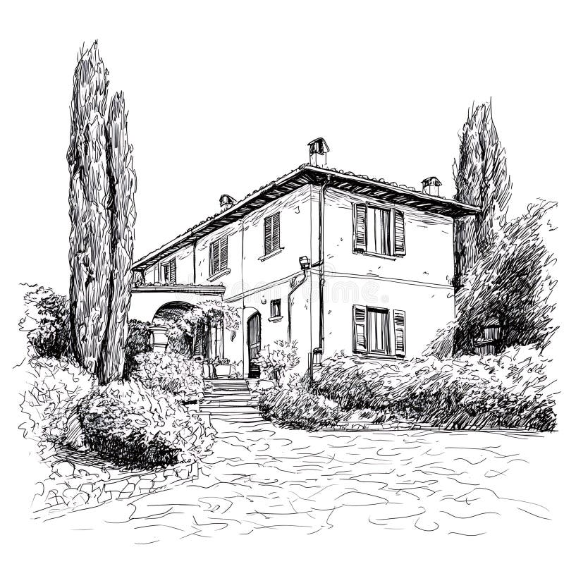 Tuscan Villa Sketch, Stone Pathway, Cypress Trees Stock Illustration ...