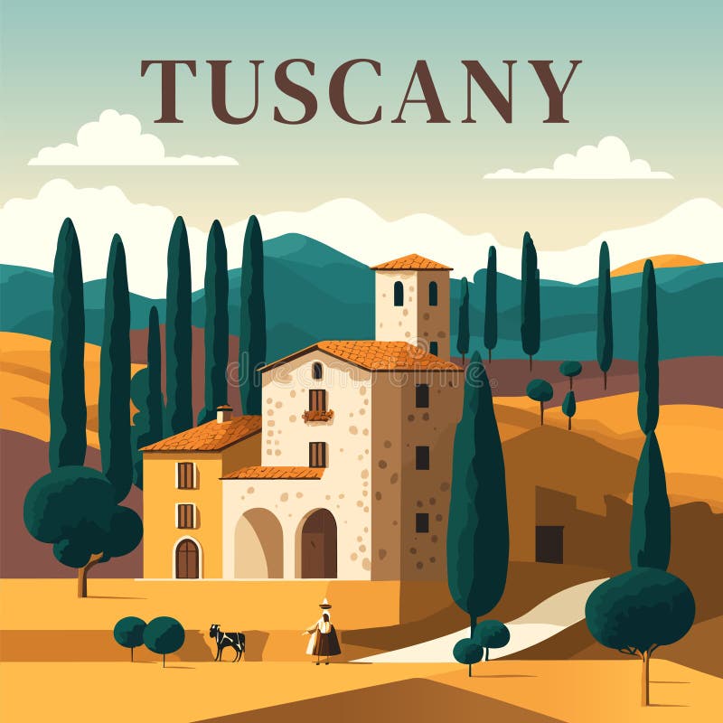 Tuscany Landscape with Villa and Cypresses. Stock Vector - Illustration ...
