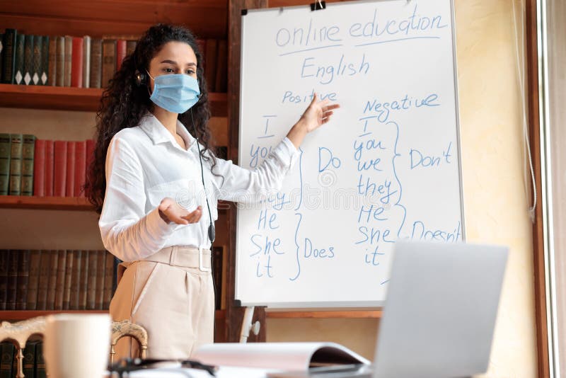 Tutor in Face Mask Having Video Conference Chat with Students Stock ...