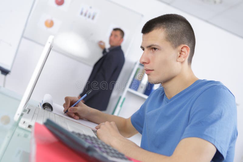 Tutor Near Whiteboard Screen Giving Lesson Stock Image - Image of ...