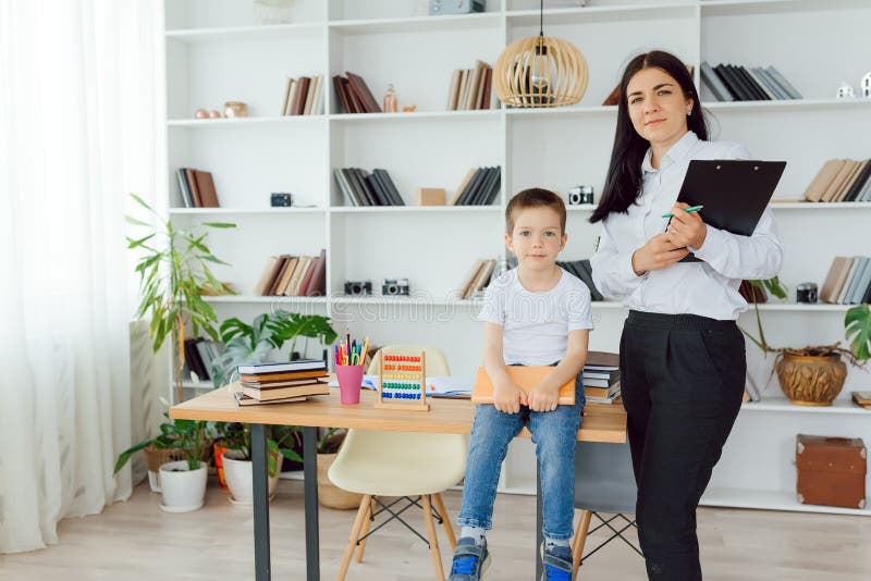 Tutor with Pupil. Little Boy Studying. Private Lesson Stock Image ...