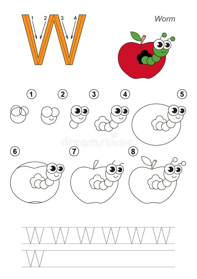 Tutorial Del Dibujo Juego Para La Letra W Apple Worm Ilustración del ...