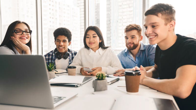 Online Lesson. Students Learning by Laptop in Library Stock Image ...