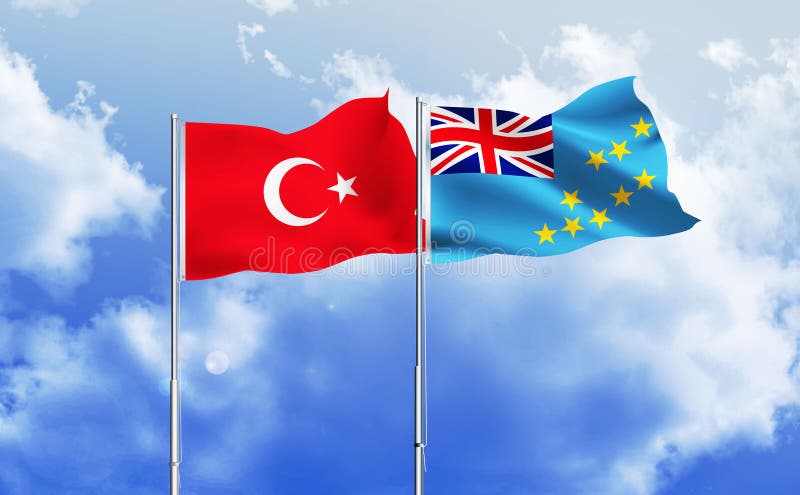 Tuvalu and Turkey Flags Together Waving Against Blue Sky Stock Image ...