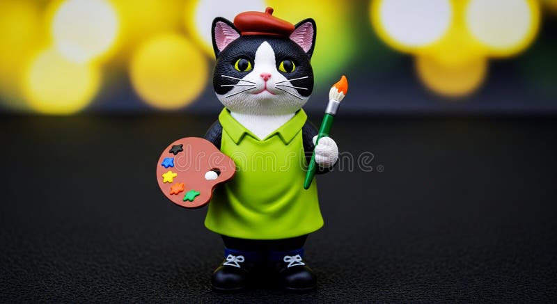 Tuxedo Cat Painter Figurine on Textured Speaker with Festive Bokeh Lights Stock Illustration ...