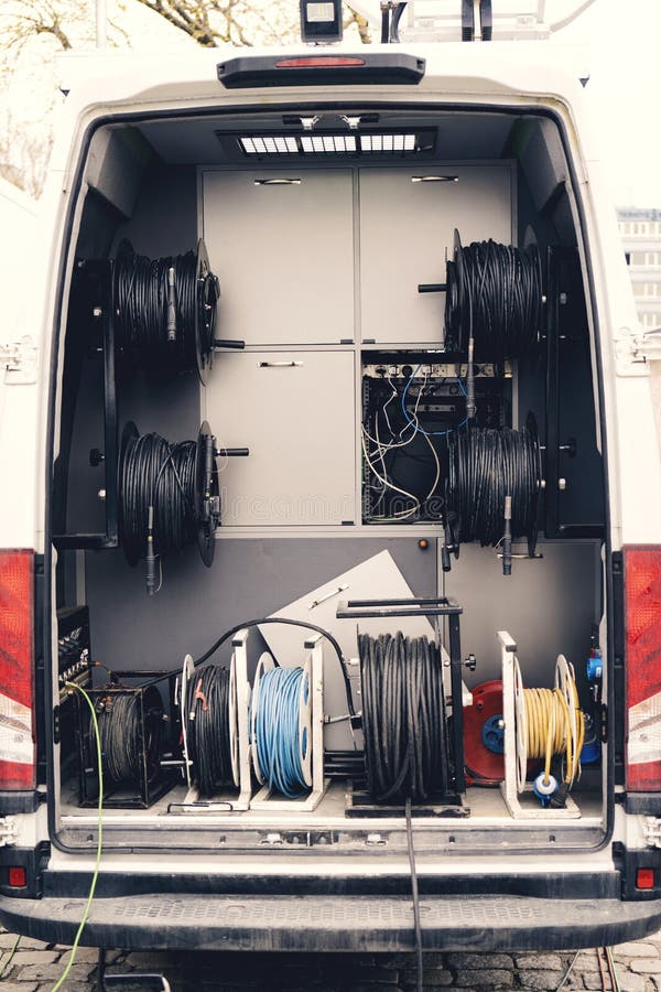 TV Broadcast Car. Vans on Wired. Stock Photo - Image of dish, cable ...
