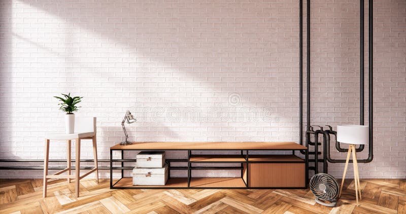 Tv Cabinet in Loft Interior White Brick Wall Room Minimal Designs, 3d ...