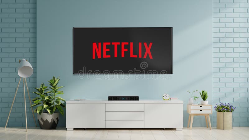 Modern Living Room and Television with Netflix Logo on Flat Screen ...