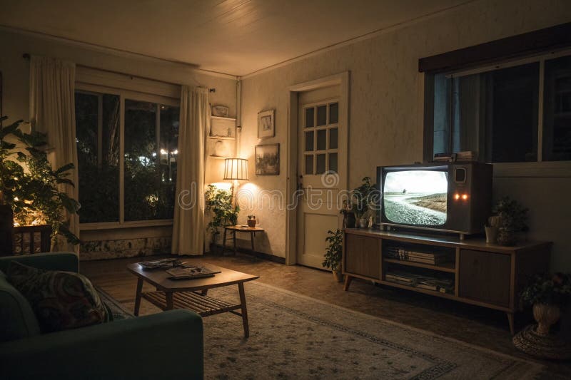Tv on in Home Room Night Scene - Generated by Ai Stock Illustration ...