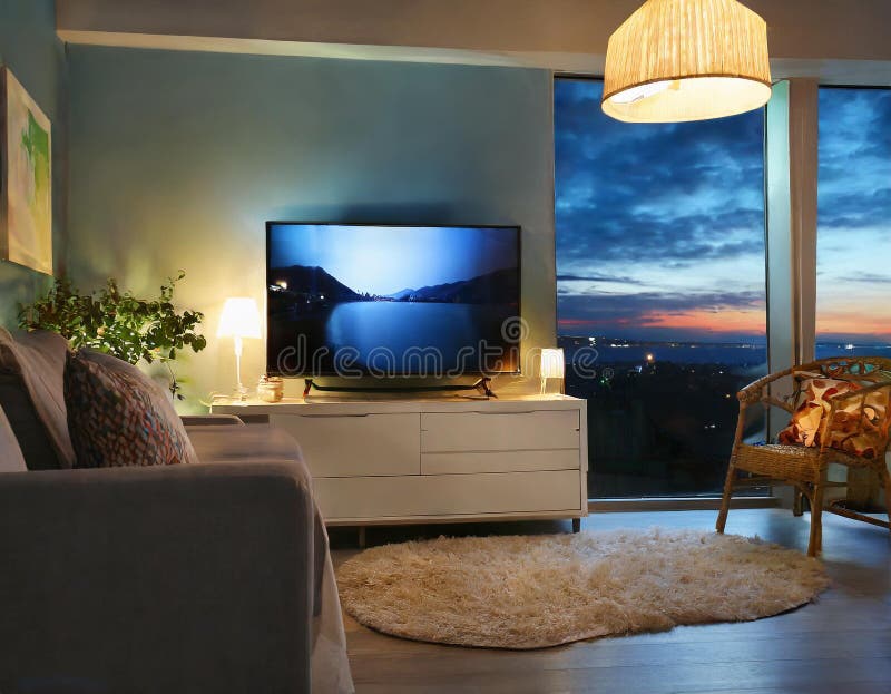 Tv on in Home Room Night Scene-generated by Ai Stock Illustration ...