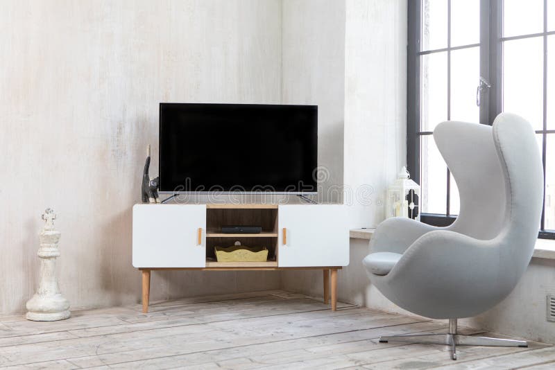 TV in the Interior in Loft Style on the Bedside Table Stock Image ...