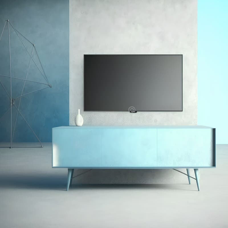 TV in Modern Living Room with Blue Wall and Blue Cabinet, 3d Render ...