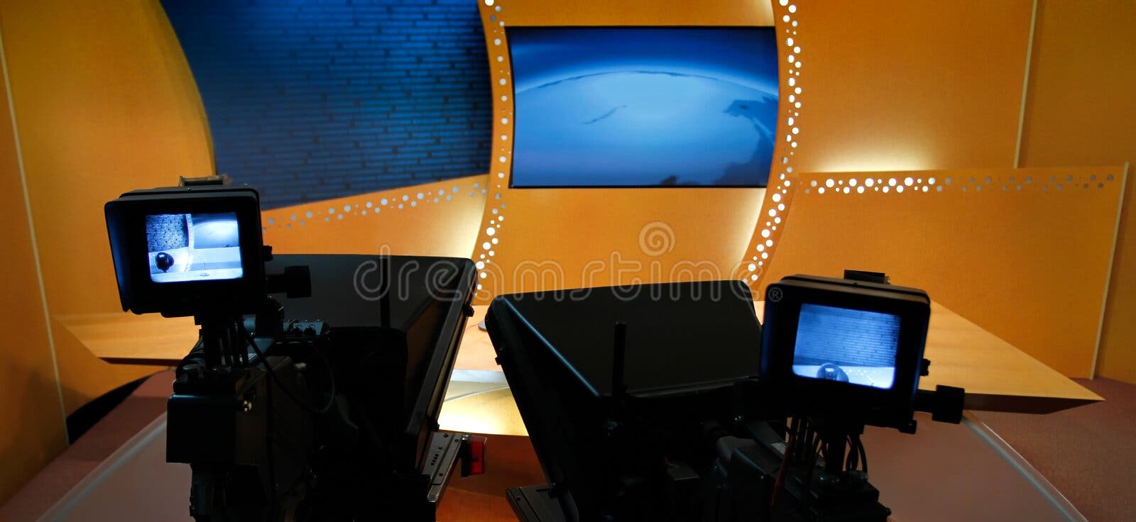 Virtual TV Show Background with a Desk and a Empty Monitor Screen. 3D ...