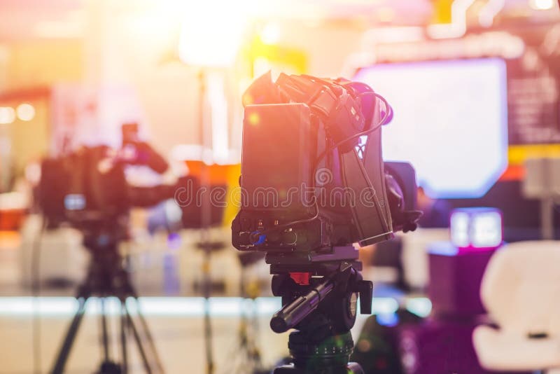TV NEWS Studio with Camera and Lights Stock Photo - Image of ...