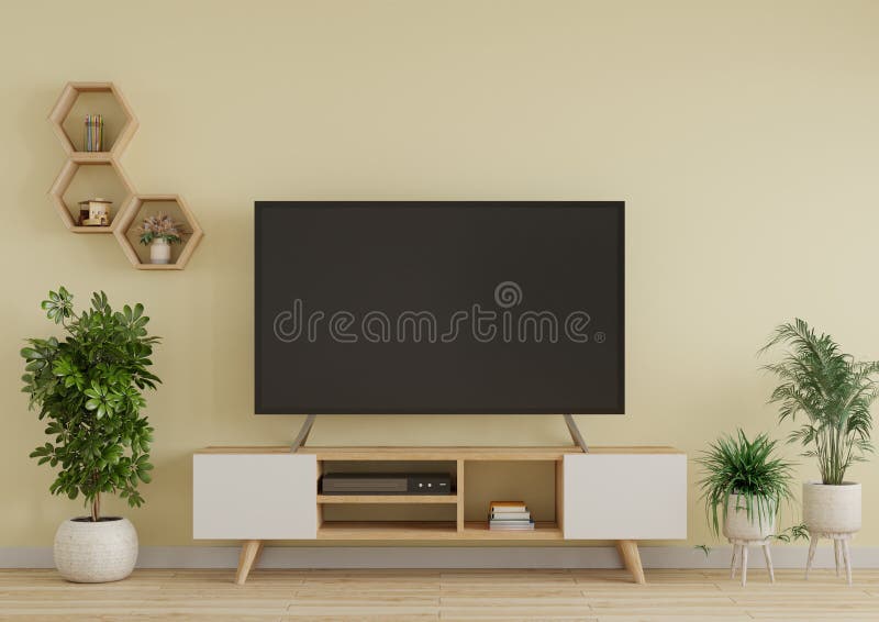 TV is Placed on the Table in the Living Room Decorated with Plant Pots ...
