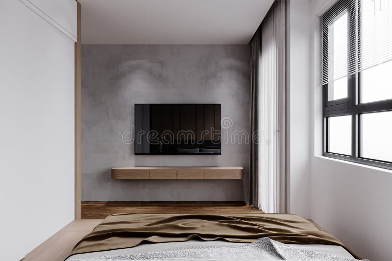 TV Placement Behind Gray Wall Paint in Tiny Bedroom Stock Photo - Image ...