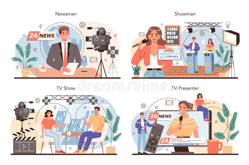 TV Presenter Concept Set. Television Host in Studio Stock Vector ...