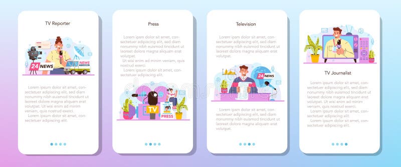 TV Presenter Mobile Application Banner Set. Television Host in a Studio ...