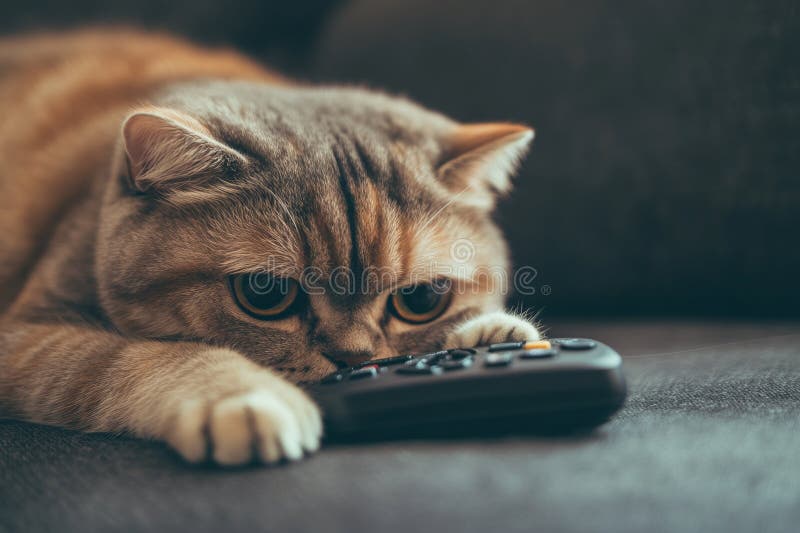 The TV Remote Control is Laying on the Sofa with the Paw of a Fat Cat ...