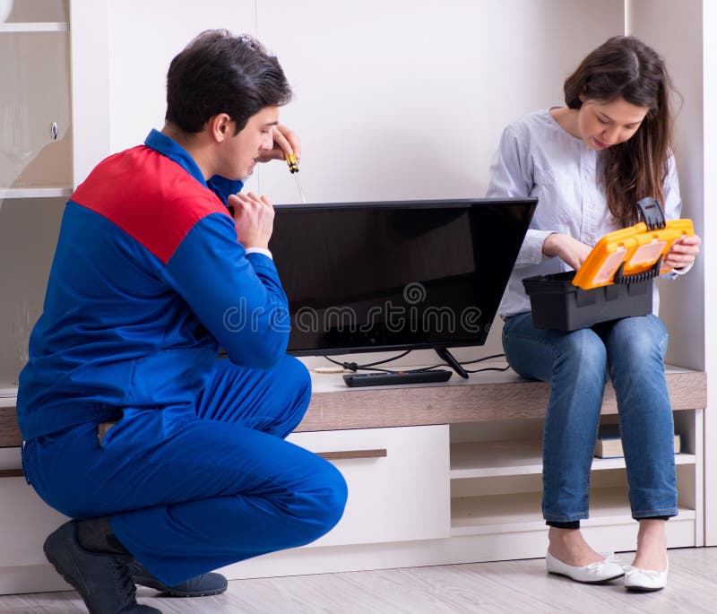 Tv Repairman Technician Repairing Tv at Home Stock Image - Image of ...