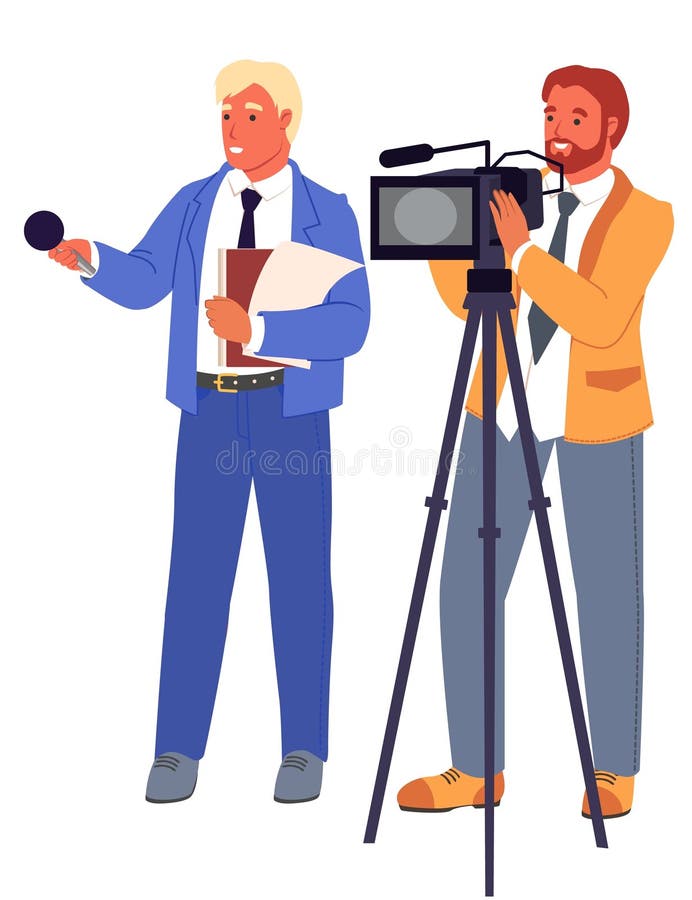 TV Reporter with Microphone and Operator Vector Illustration Stock ...
