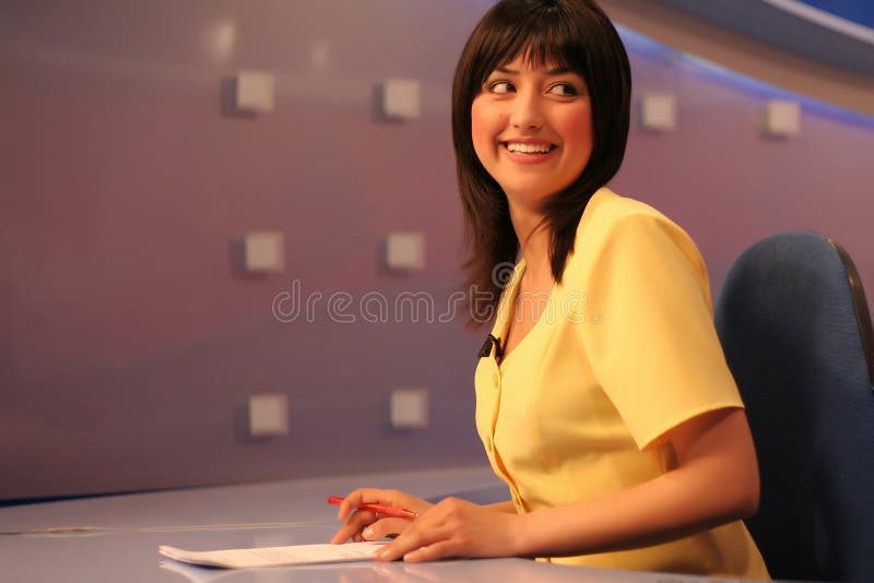TV reporter in studio stock photo. Image of news, brunette - 2314858