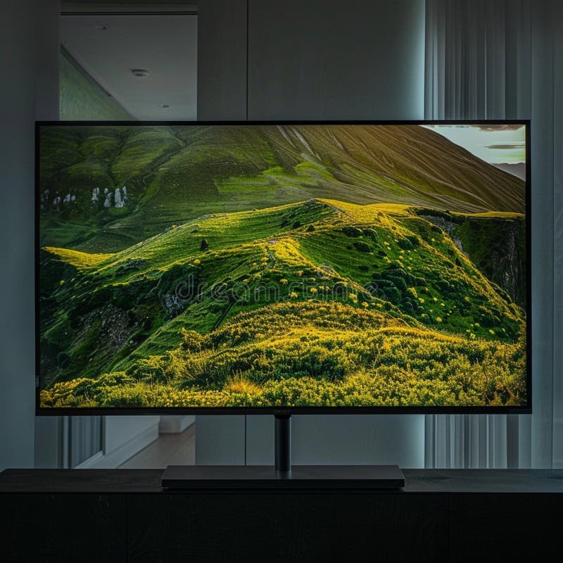 TV Screen Displays a Serene Hill Landscape Stock Photo - Image of film ...
