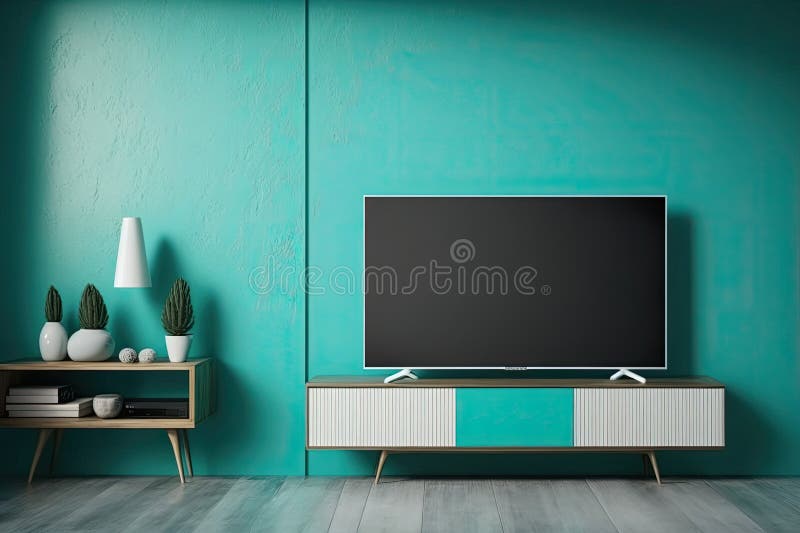 TV Screen on the Turquoise Wall in Modern Living Room. Illustration ...