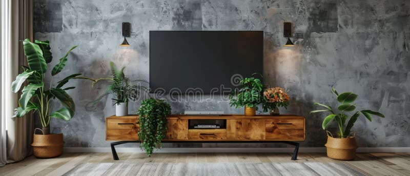 TV Set on a Textured Light Gray Wall Stock Image - Image of modern ...