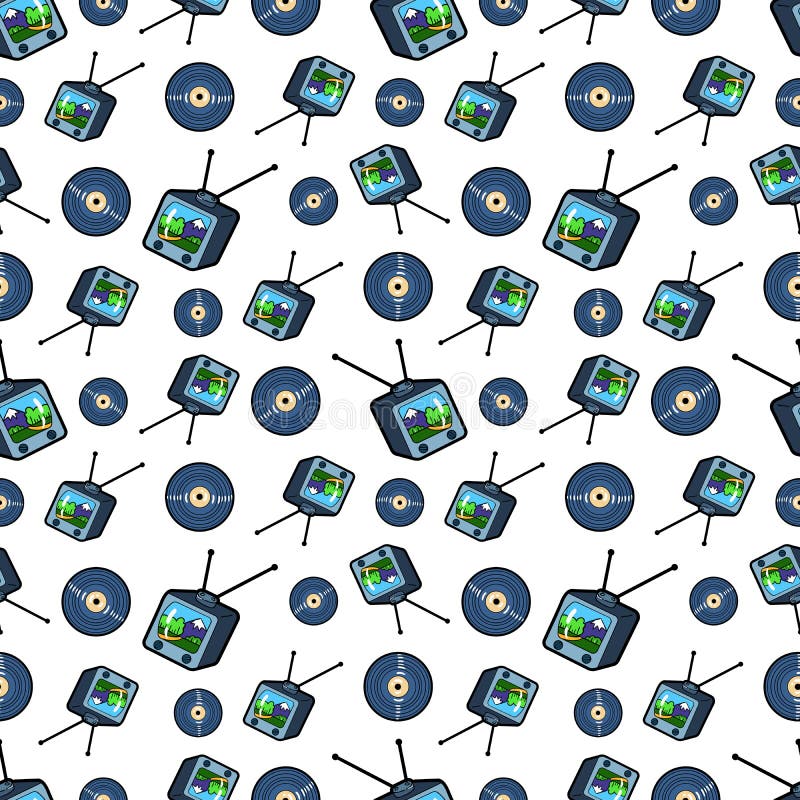 TV Set and Vinyl Seamless Pattern. Background in Retro Style Stock ...