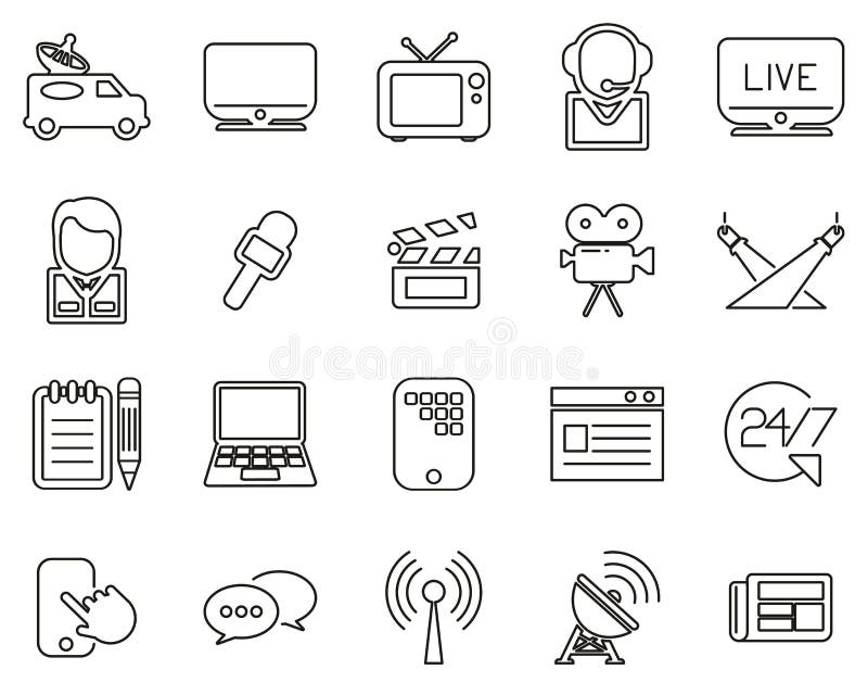 TV Station Icons Black & White Thin Line Set Big Stock Vector ...