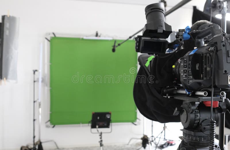 TV Studio with Green Screen, Lights, and Camera Stock Image - Image of ...
