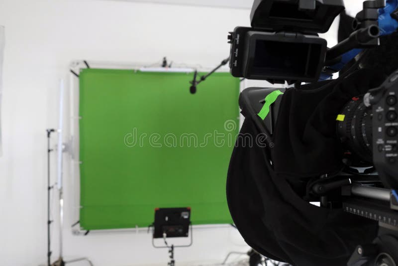 TV Studio with Green Screen, Lights, and Camera Stock Photo - Image of ...