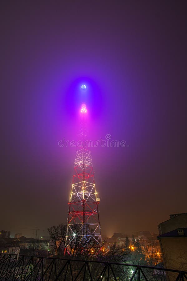 TV Tower in the Fog in the Night City Stock Image - Image of bird, blue ...