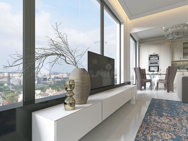 TV Unit Beige with Black Accents with Retractable TV and a Large Window ...