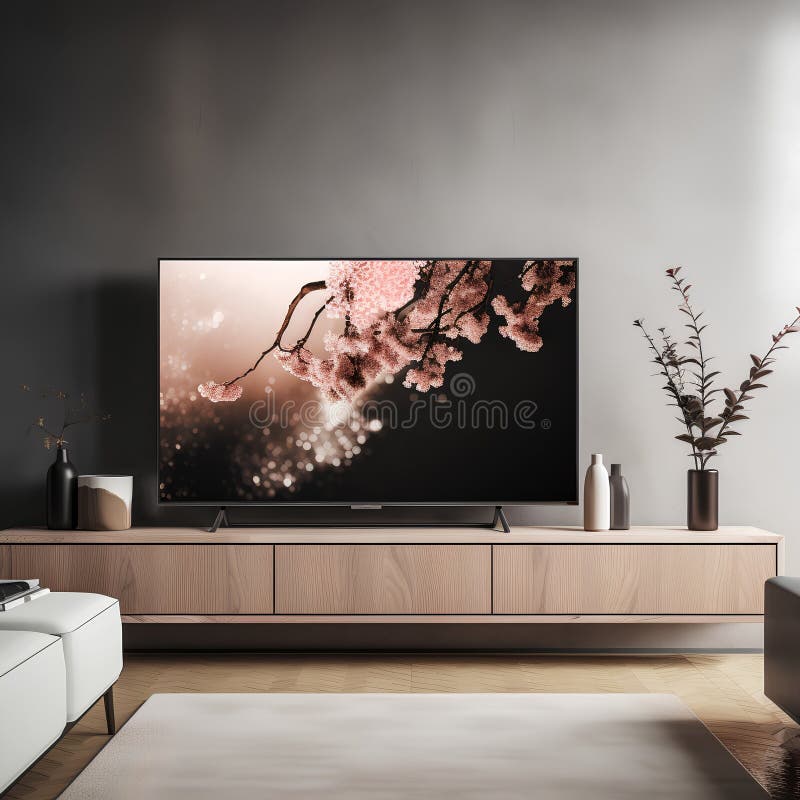 TV on the Wall in Modern Living Room Interior. 3d Rendering Stock ...